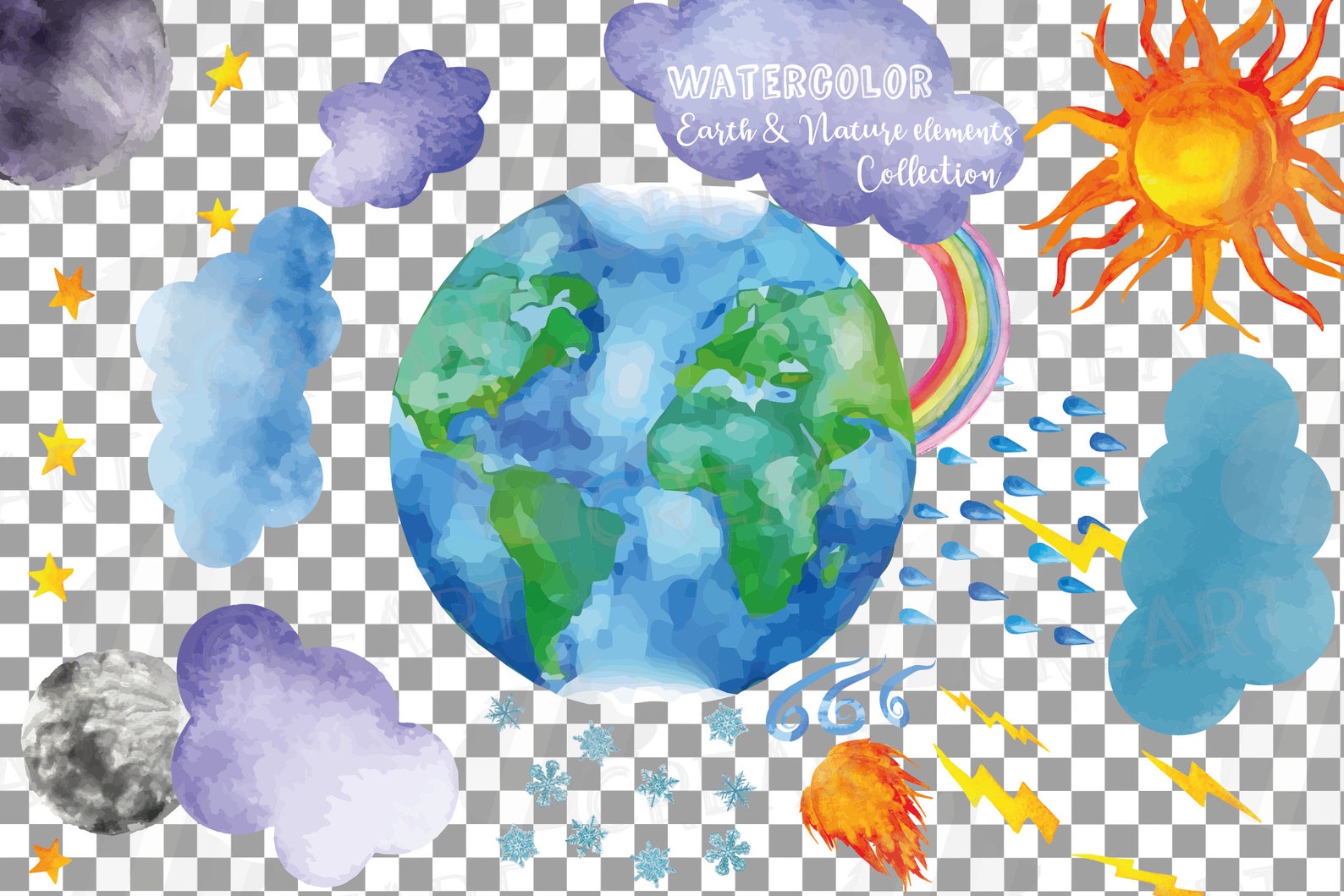 Watercolor Weather Elements Clip Art Pack. Earth Moon Sun | Etsy