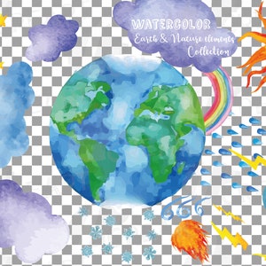Watercolor Weather Elements Clip Art Pack. Earth, Moon, Sun, Clouds ...