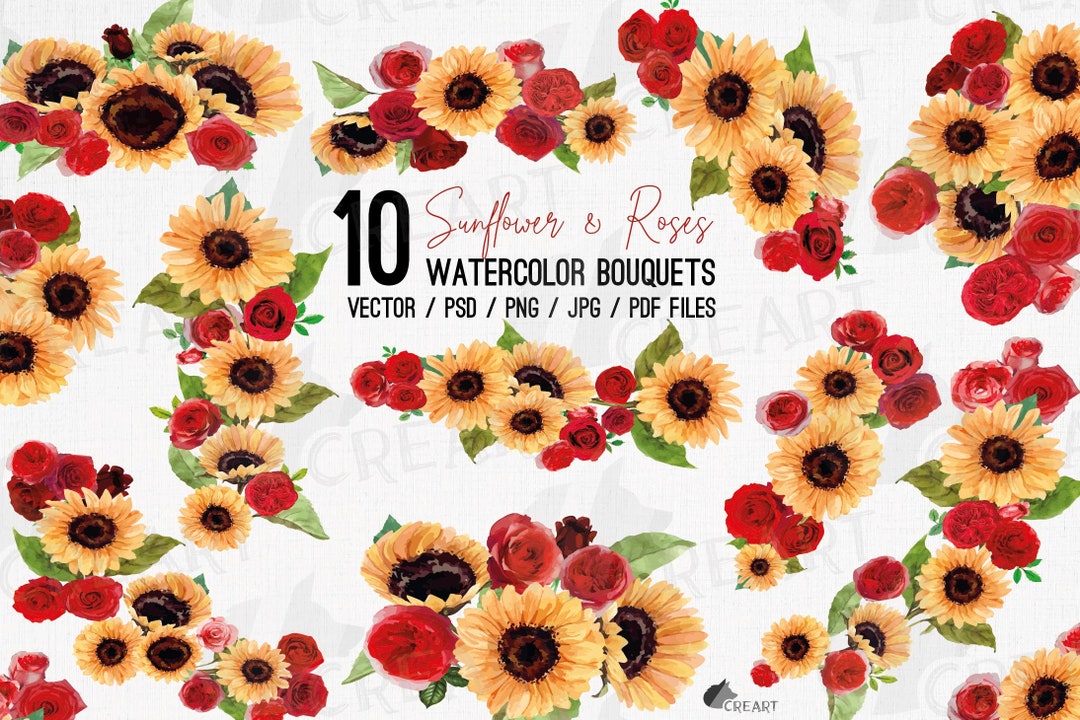 Watercolor Sunflower & Rose Bouquet Clipart: Floral Wedding Graphics ...
