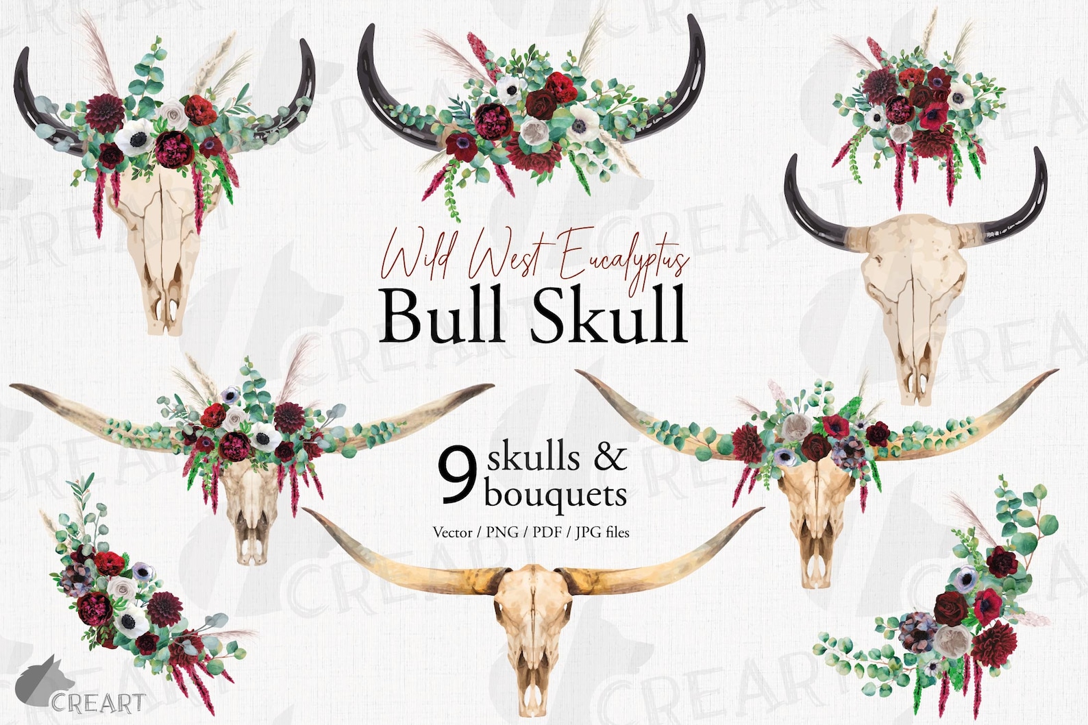 Floral Bull Skull With Eucalyptus White and Burgundy Flowers. - Etsy