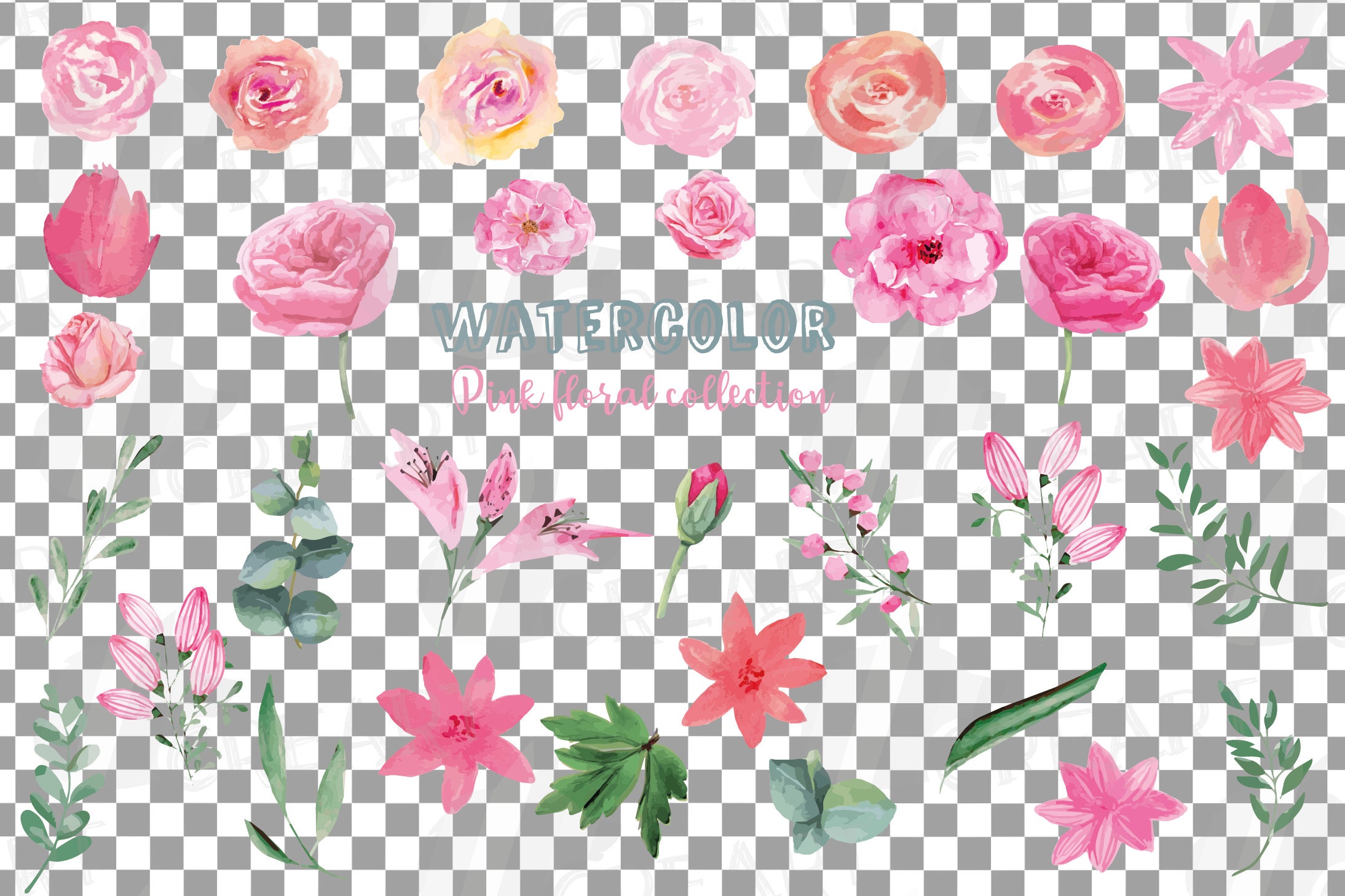 Watercolor Pink Floral Elements and Green Leaves Clip Art - Etsy