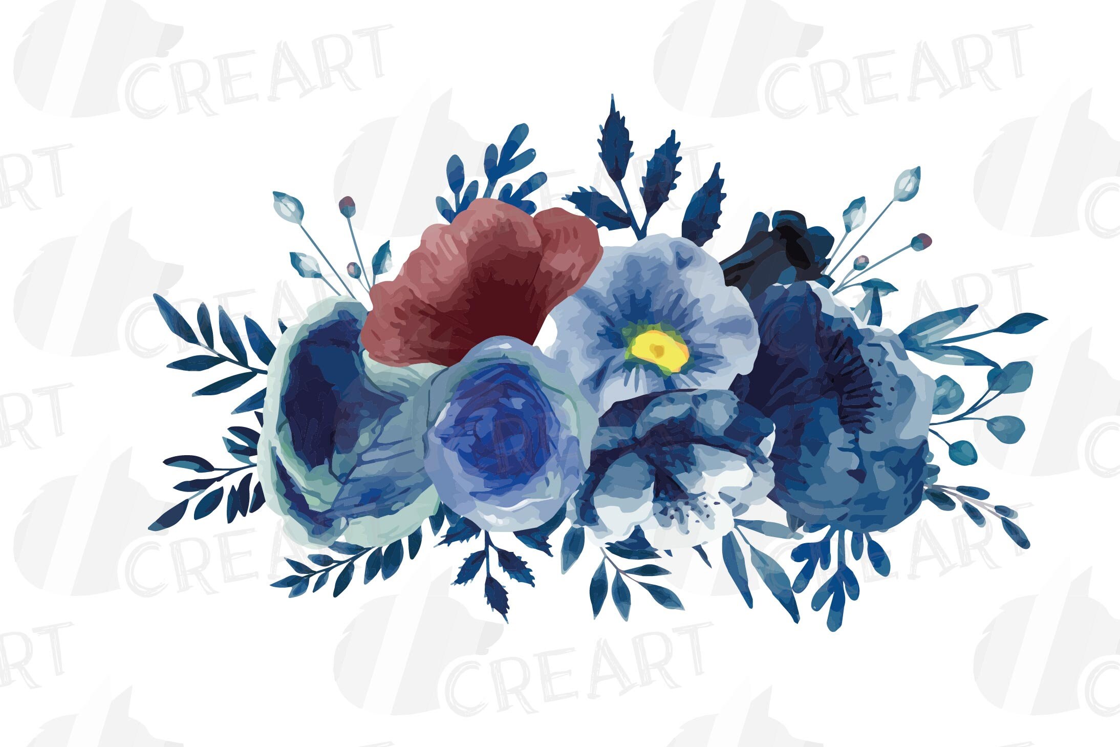 Watercolor Floral Bouquet Clip Art: Navy Blue & Blush Pink (digital ...