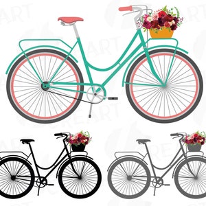 Floral Bicycles Clip Art Pack, Vintage Floral Bike. Boho Bycicle, PNG ...