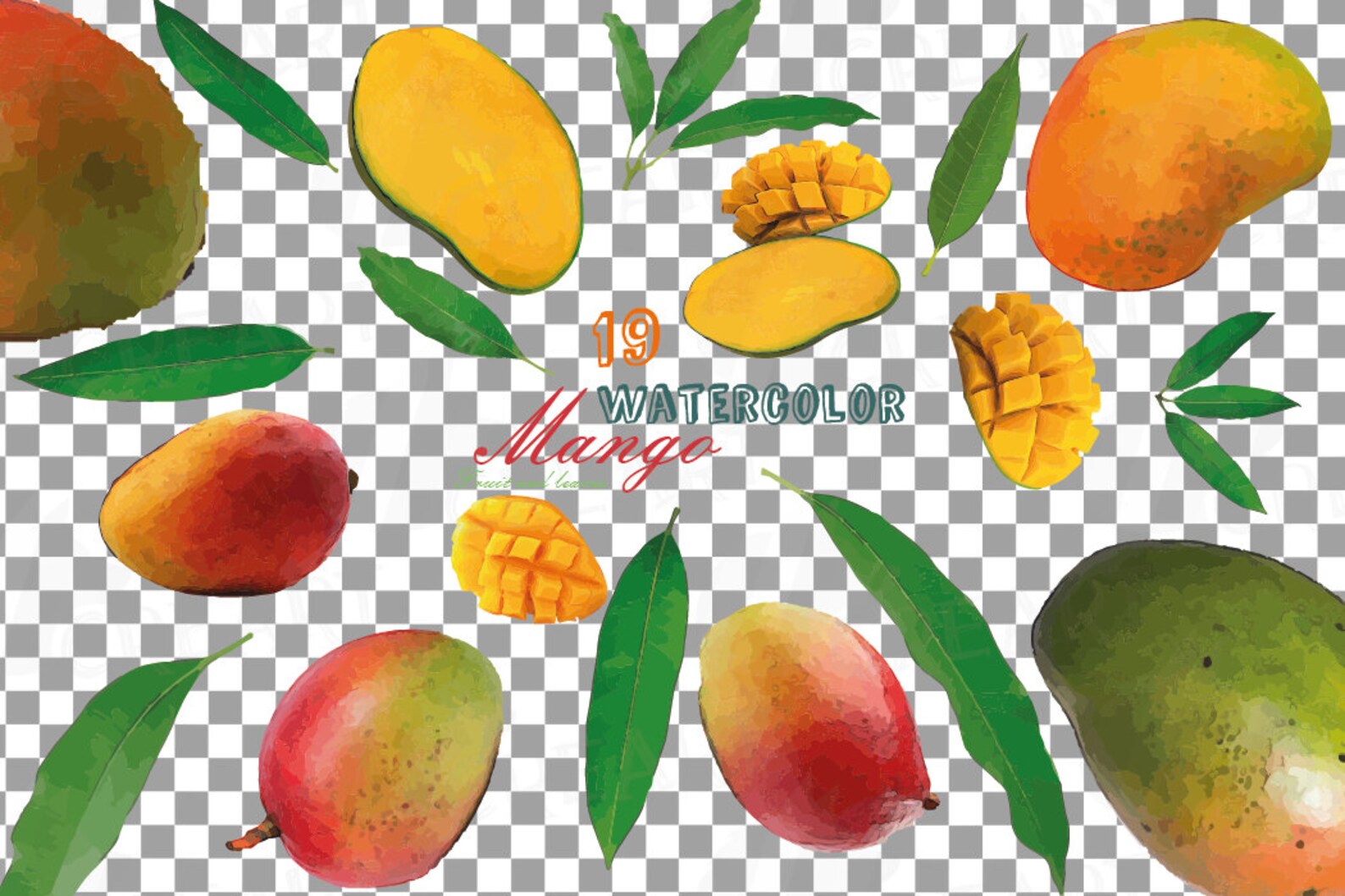 Watercolor Mango Clip Art Packmango Leaves Mango Fruit | Etsy