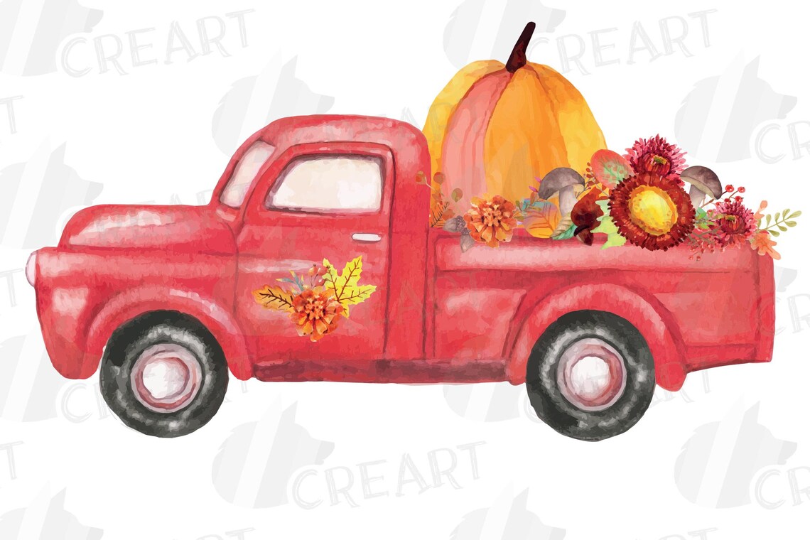 Thanksgiving pickup trucks decoration clip art. Watercolor | Etsy