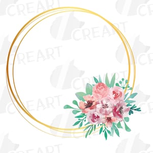 Coral Pink Watercolor Floral Golden Frames and Borders Clip Art Pack ...