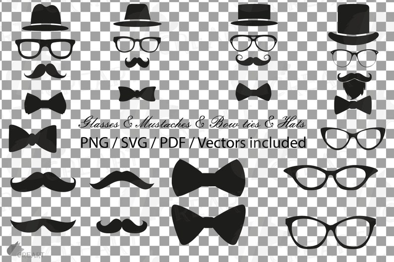 Mustache Hats Glass Bowtie Printable Clip Art Graphic - Etsy