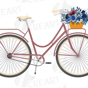 Navy Blue Floral Bicycles Clip Art Pack, Blush and Yellow Vintage Bike ...