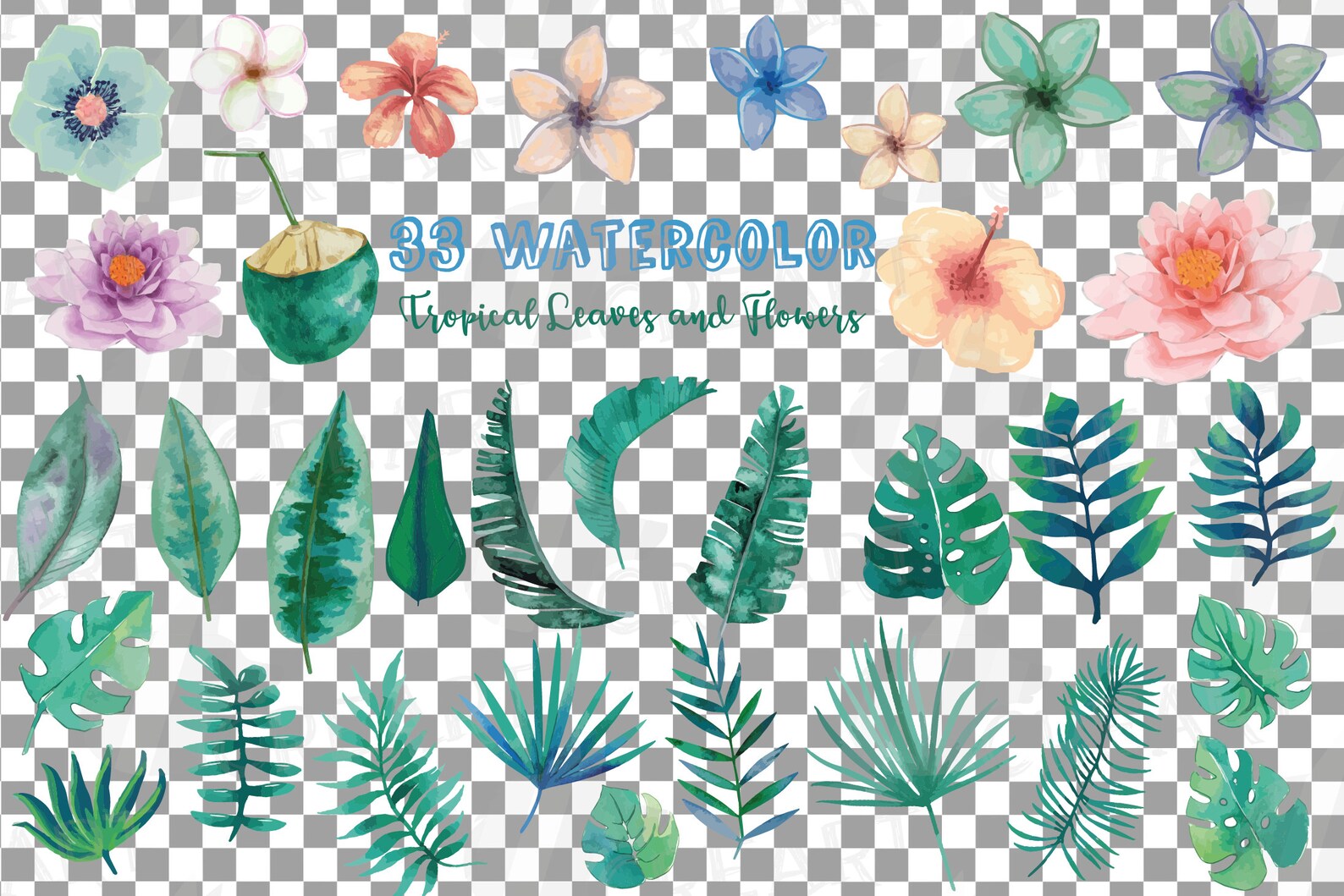 Tropical Green Leaves and Exotic Flowers Watercolor Clip Art - Etsy