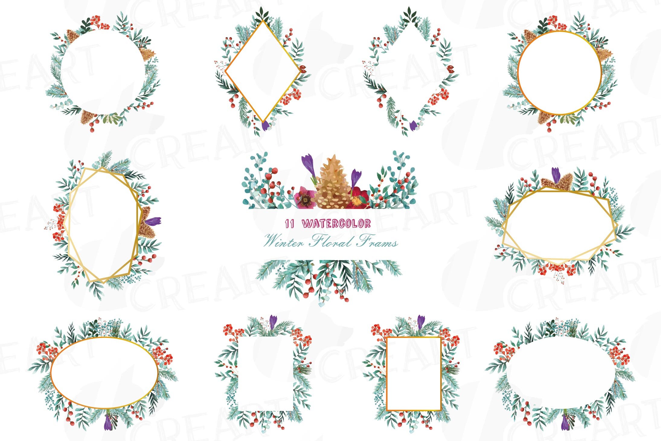 Floral Winter Frames Watercolor Clip Art Pack Winter Leaves | Etsy