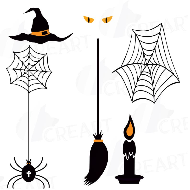 Halloween Clipart Pack Witch Clip Art Bats and Spyders | Etsy