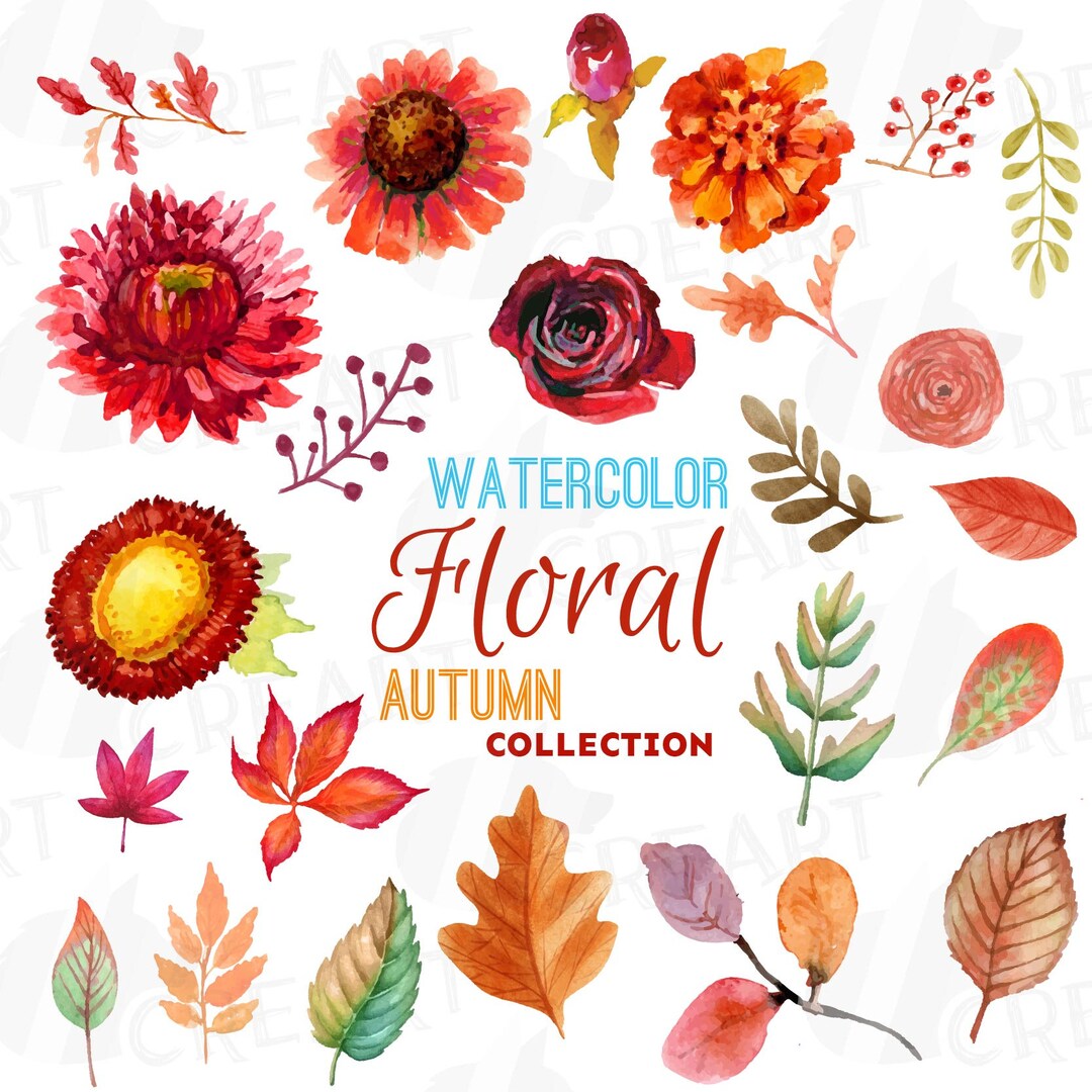 Autumn Fowers and Leafs Clip Art Pack, Watercolor Floral Clip Art ...