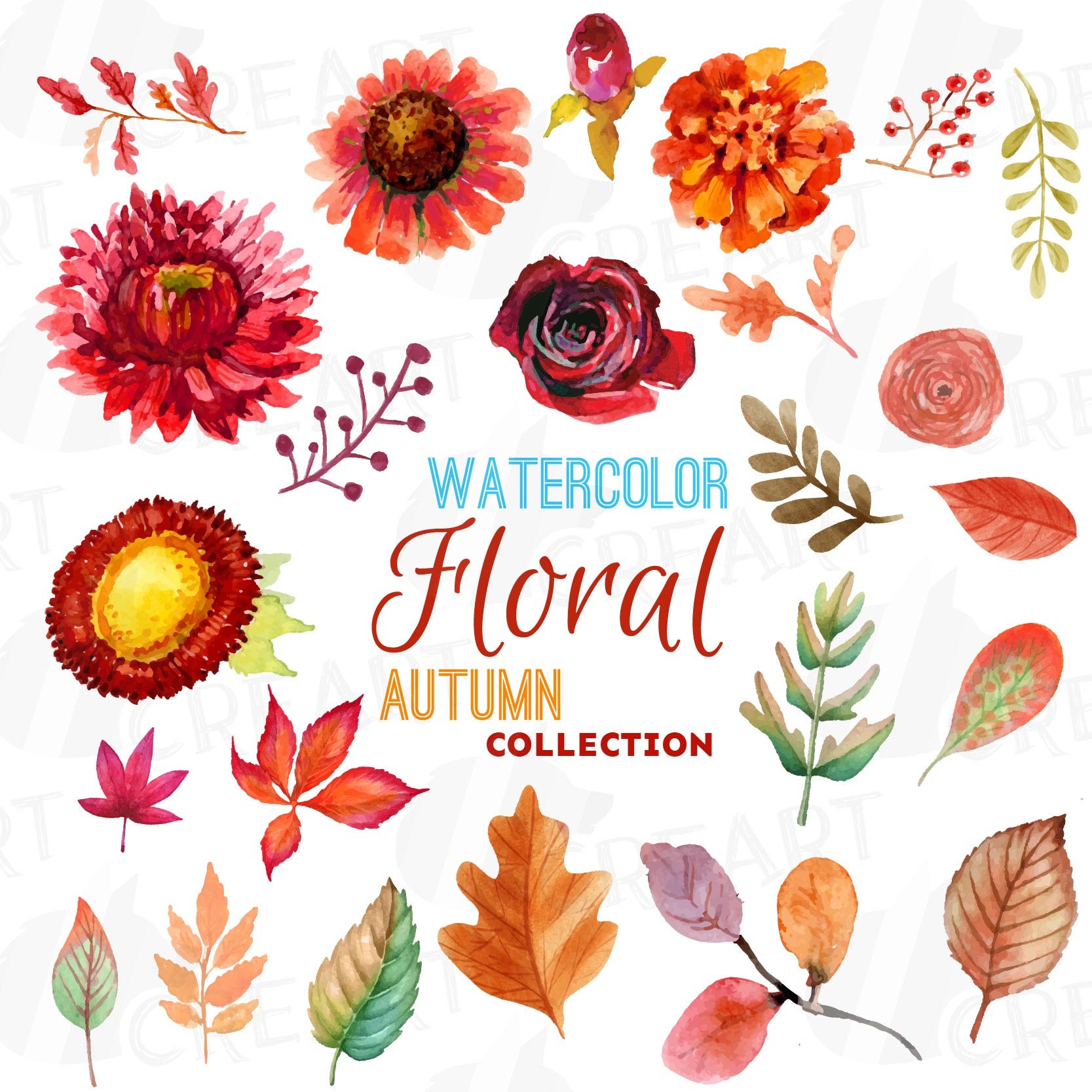 Autumn fowers and leafs clip art pack watercolor floral clip | Etsy