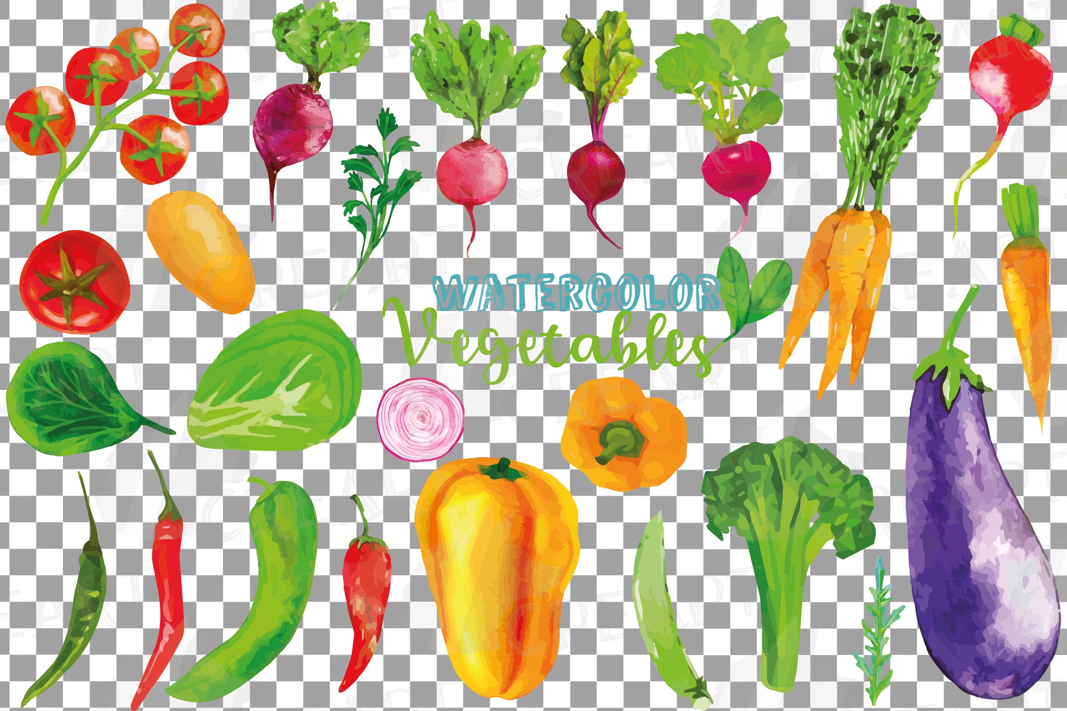 Watercolor Vegetables Clip Art Pack Green and Colorful | Etsy