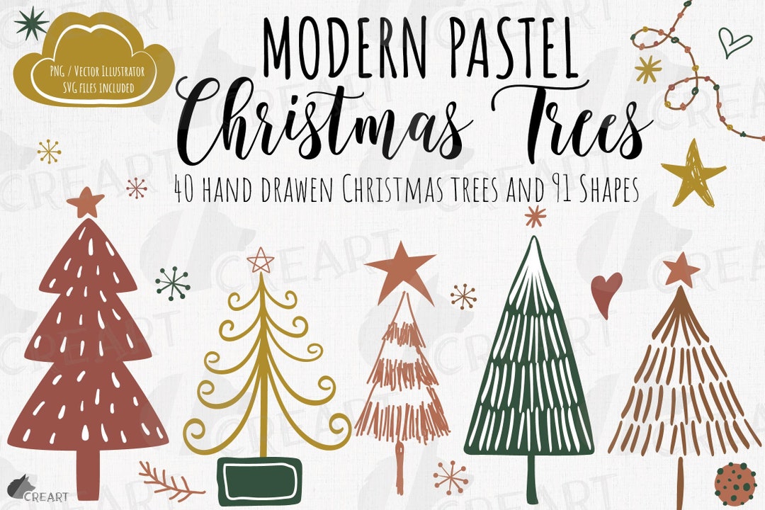 Modern Pastel Christmas Trees and Shapes Clip Art Collection. Boho Hand ...