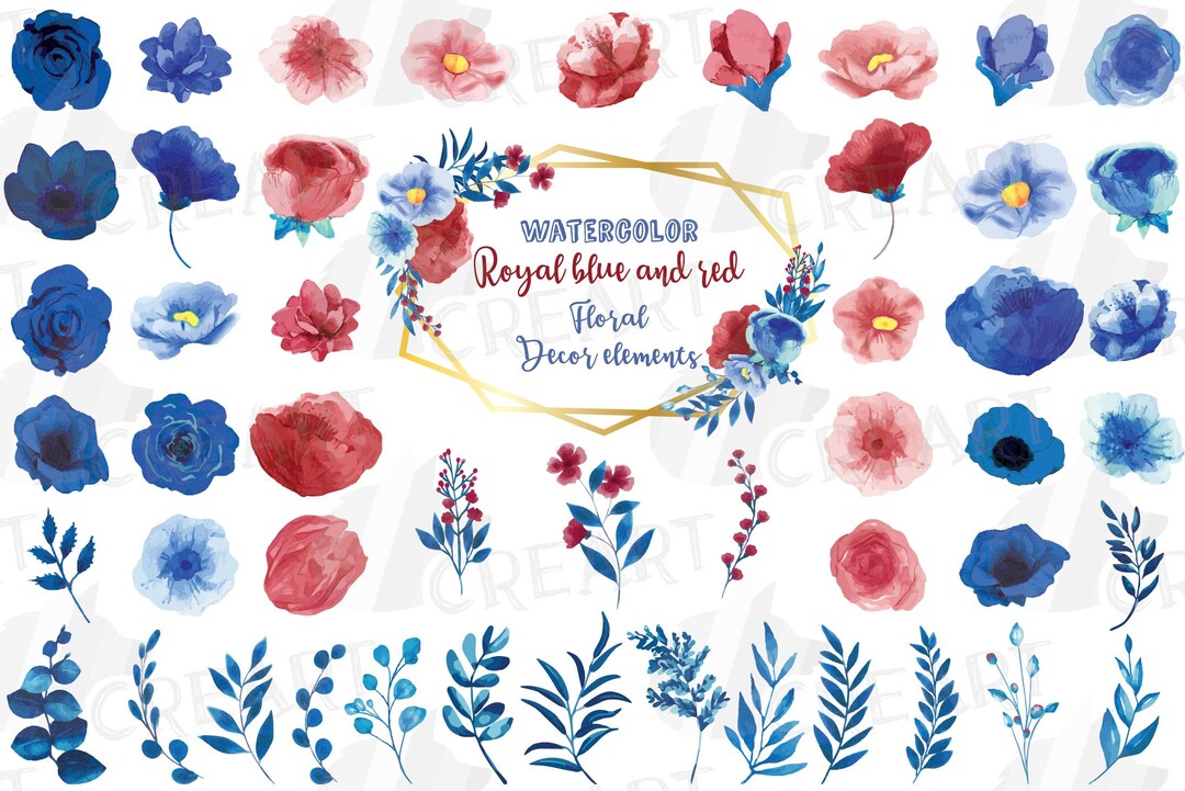 Watercolor Floral Clip Art: Royal Blue & Red Flowers, Frame (digital ...
