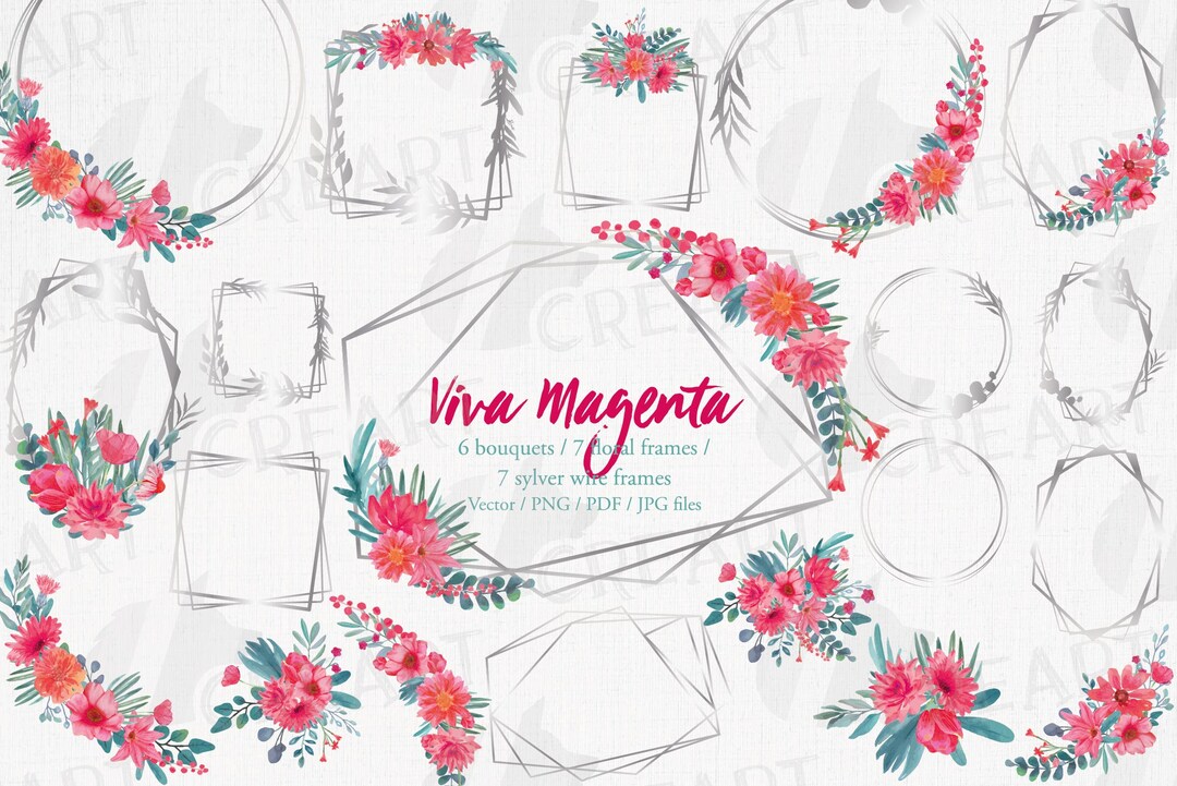 Viva Magenta Watercolor Floral Frames: Wedding Graphic Art (PNG, JPG ...