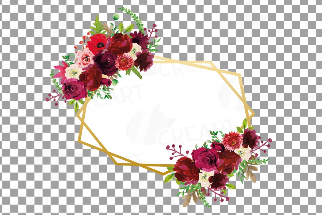 Watercolor Burgundy Floral Geometric Frame. Marsala Wedding | Etsy