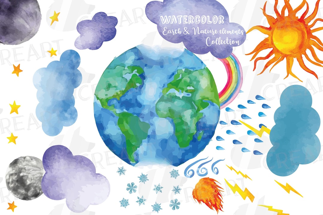 Watercolor Weather Elements Clip Art Pack. Earth, Moon, Sun, Clouds ...