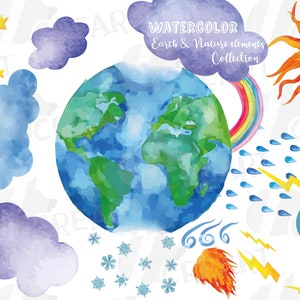 Watercolor Weather Elements Clip Art Pack. Earth, Moon, Sun, Clouds ...