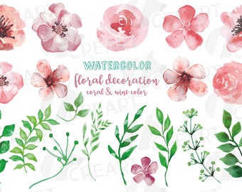 Watercolor Pink Floral Elements and Green Leaves Clip Art | Etsy