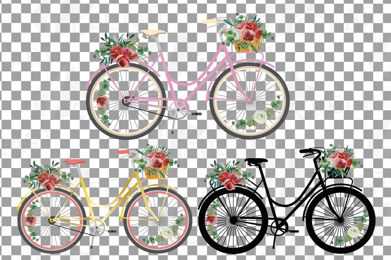 Bohemian Floral Bicycles Design Clip Art Pack. Burgundy Red | Etsy