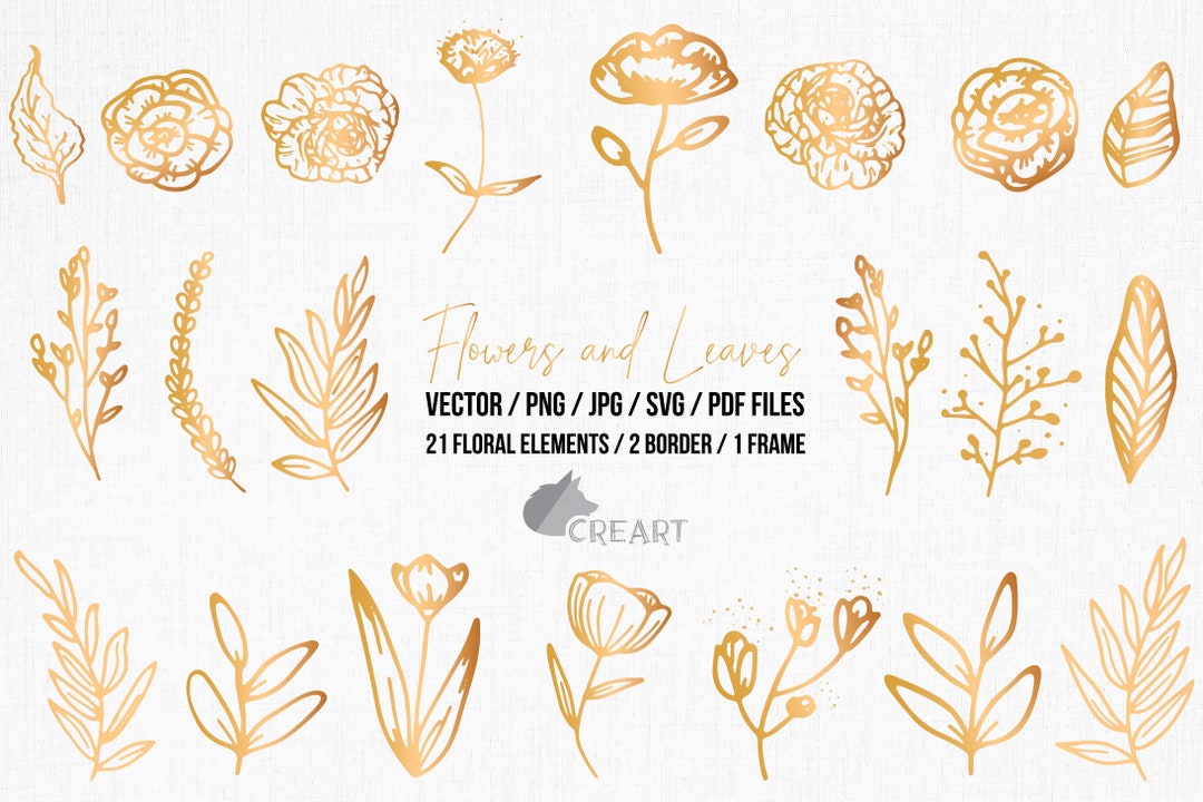 Golden Flowers and Leaves Clip Art. Floral Gold Frame and Border ...