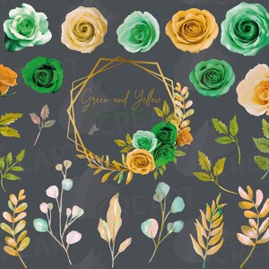 Green and Yellow Roses Watercolor Floral Wedding Clip Art. Printable ...