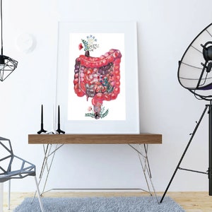 Watercolor Intestines Floral Anatomical Design. Human Red Intestine ...
