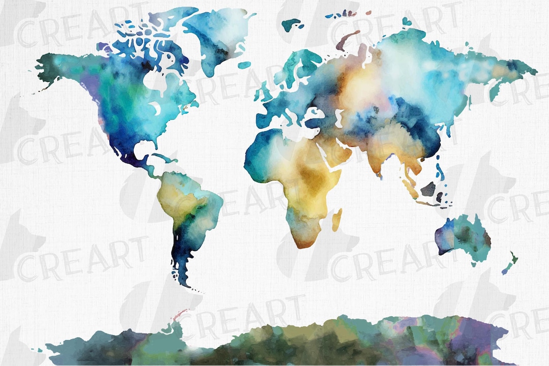 Watercolor World Map Poster Digital Art Print, Eps, Png, Jpg, Svg ...