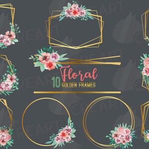 Coral Pink Watercolor Floral Golden Frames and Borders Clip Art Pack ...