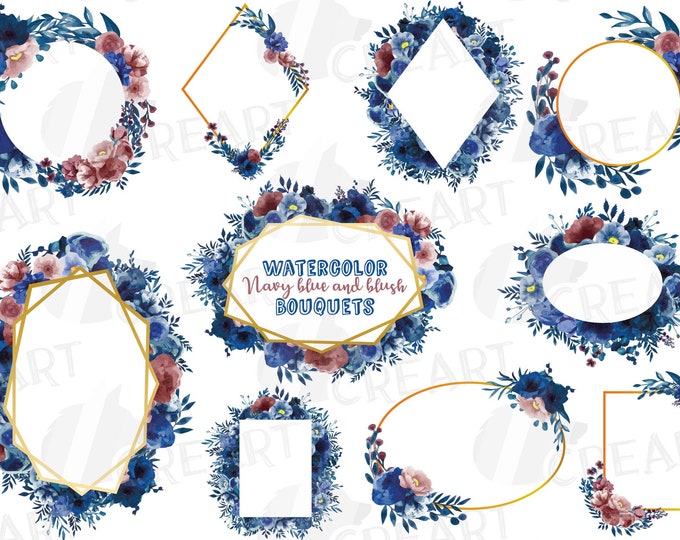 Blush Pink & Navy Blue Floral Clipart Frame Spring Wreath Border ...