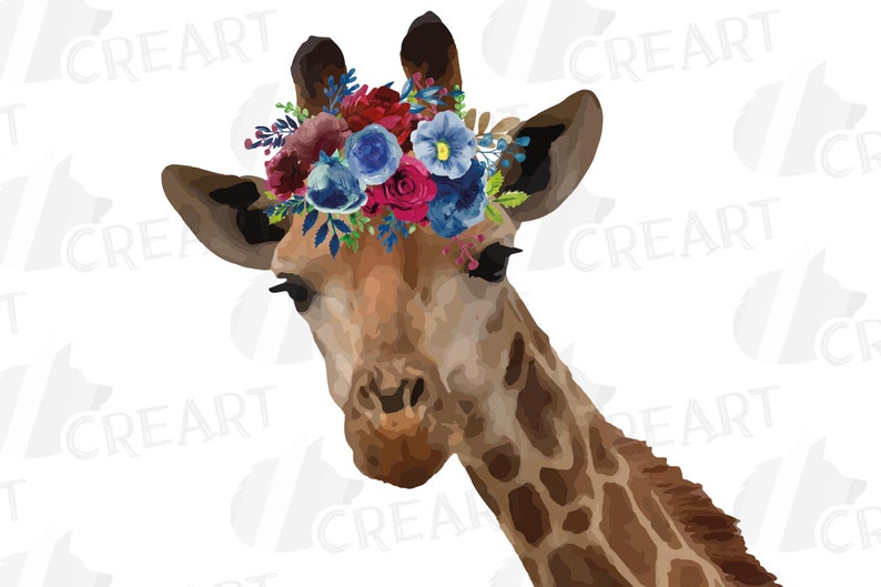 Watercolor Giraffe With Floral Crown Wall Art. Giraffe Gift - Etsy