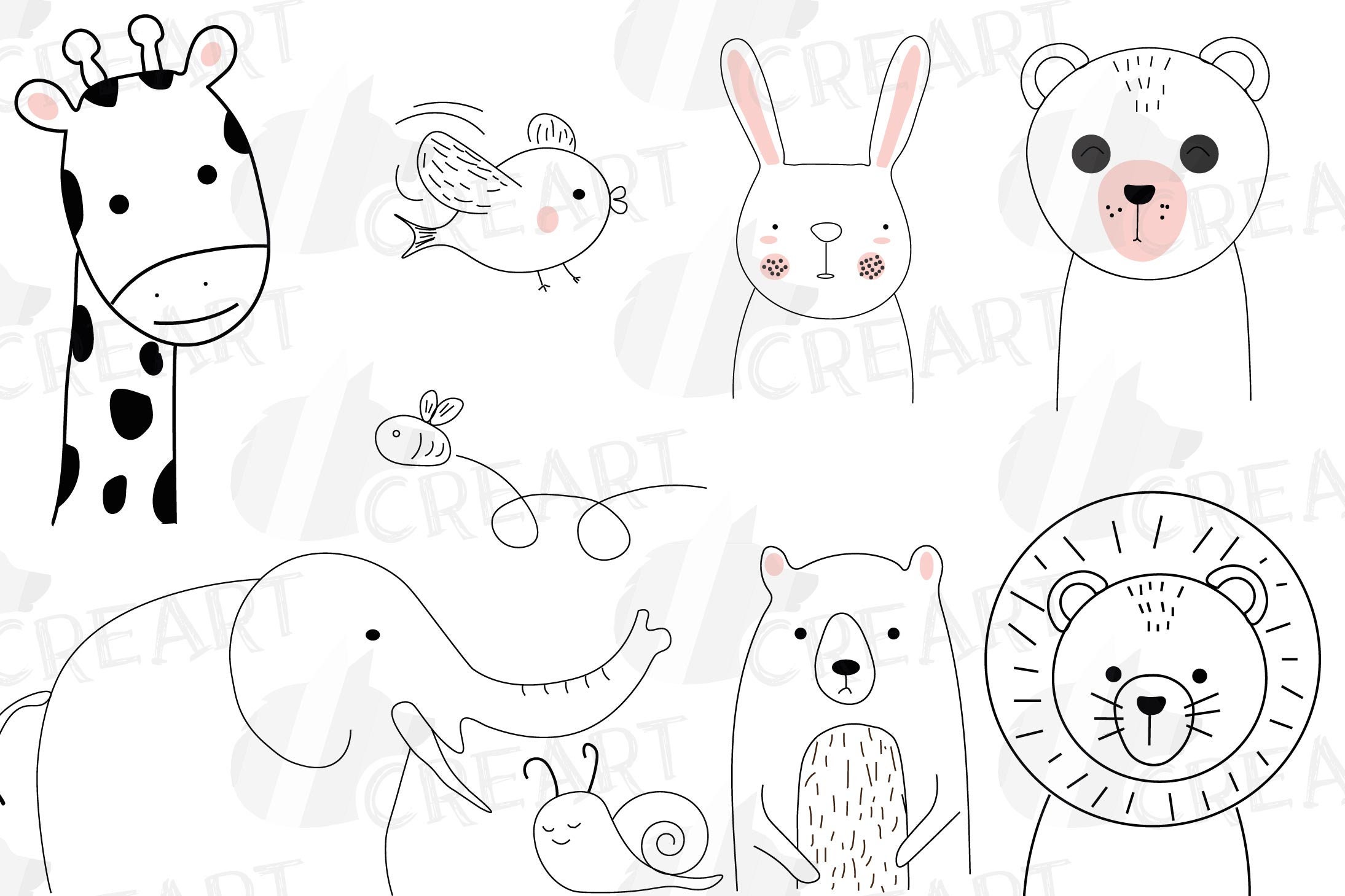 Baby animal friends line illustration minimalist printable | Etsy