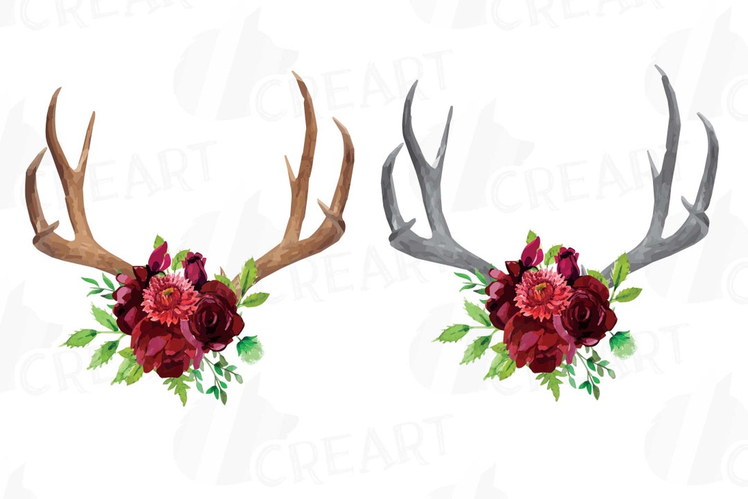 Watercolor Floral Deer Antler Clipart: Boho Tribal Vector (digital ...
