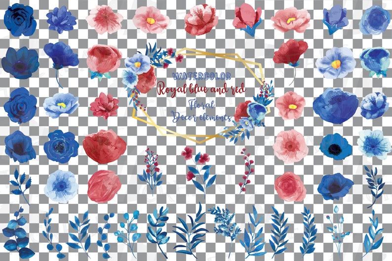 Watercolor Floral Clip Art: Royal Blue & Red Flowers, Frame (digital ...