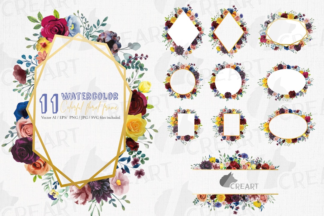 Floral Frame Clip Art: Watercolor Flowers, Golden Geo Frames (digital ...