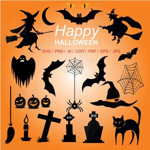 Halloween Clipart Pack, Witch Clip Art, Bats and Spyders Silhouettes ...