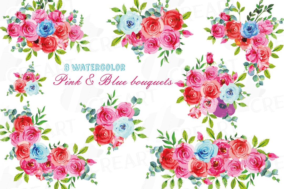 Boho Pink and Blue Watercolor Wedding Bouquets, Floral Bouquets Clip ...