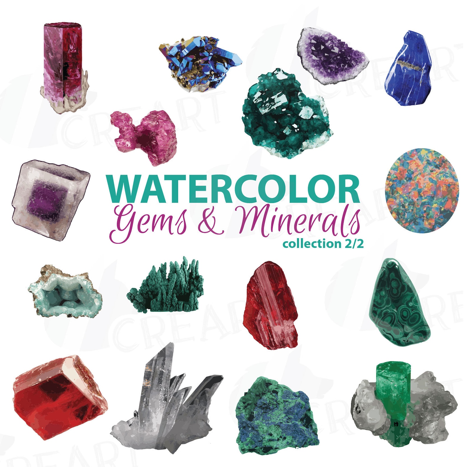 Gemstone and Minerals Clip Art Collection 16 Watercolor Gem - Etsy