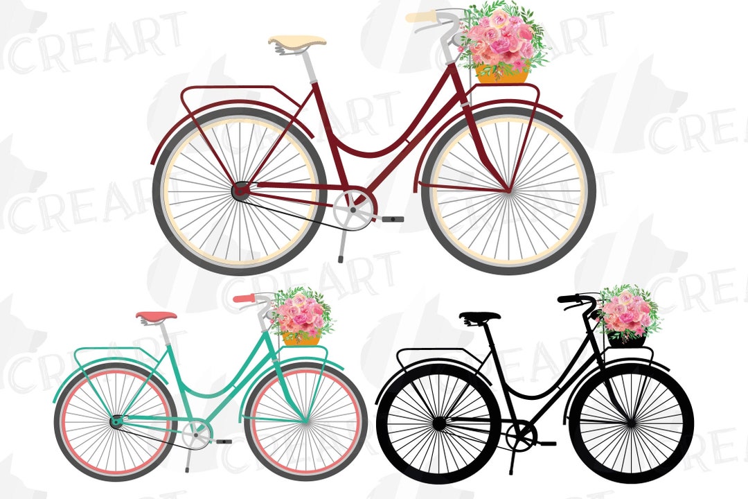 Floral Bicycles Clip Art Pack, Burgundy and Green Vintage Bike Decor ...