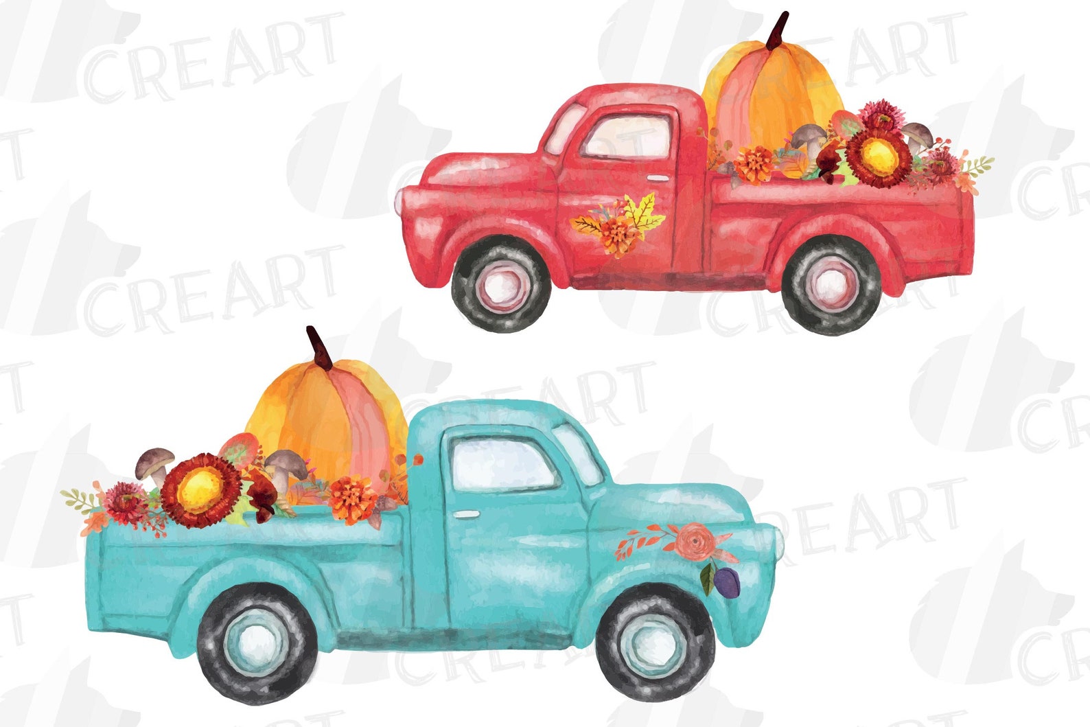 Thanksgiving pickup trucks decoration clip art. Watercolor | Etsy