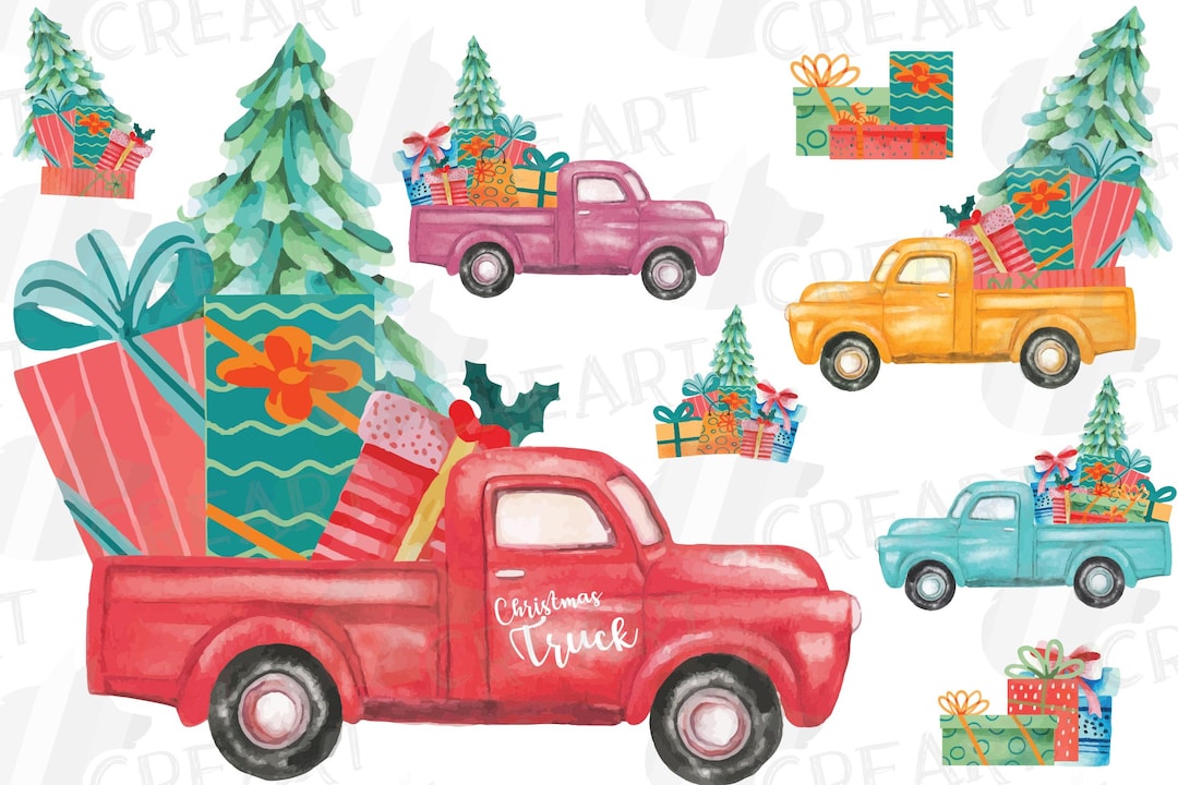 Watercolor Holiday Truck Clip Art. Retro Trucks With Gifts and ...