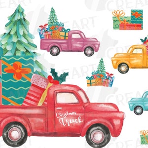 Watercolor Holiday Truck Clip Art. Retro Trucks With Gifts and ...