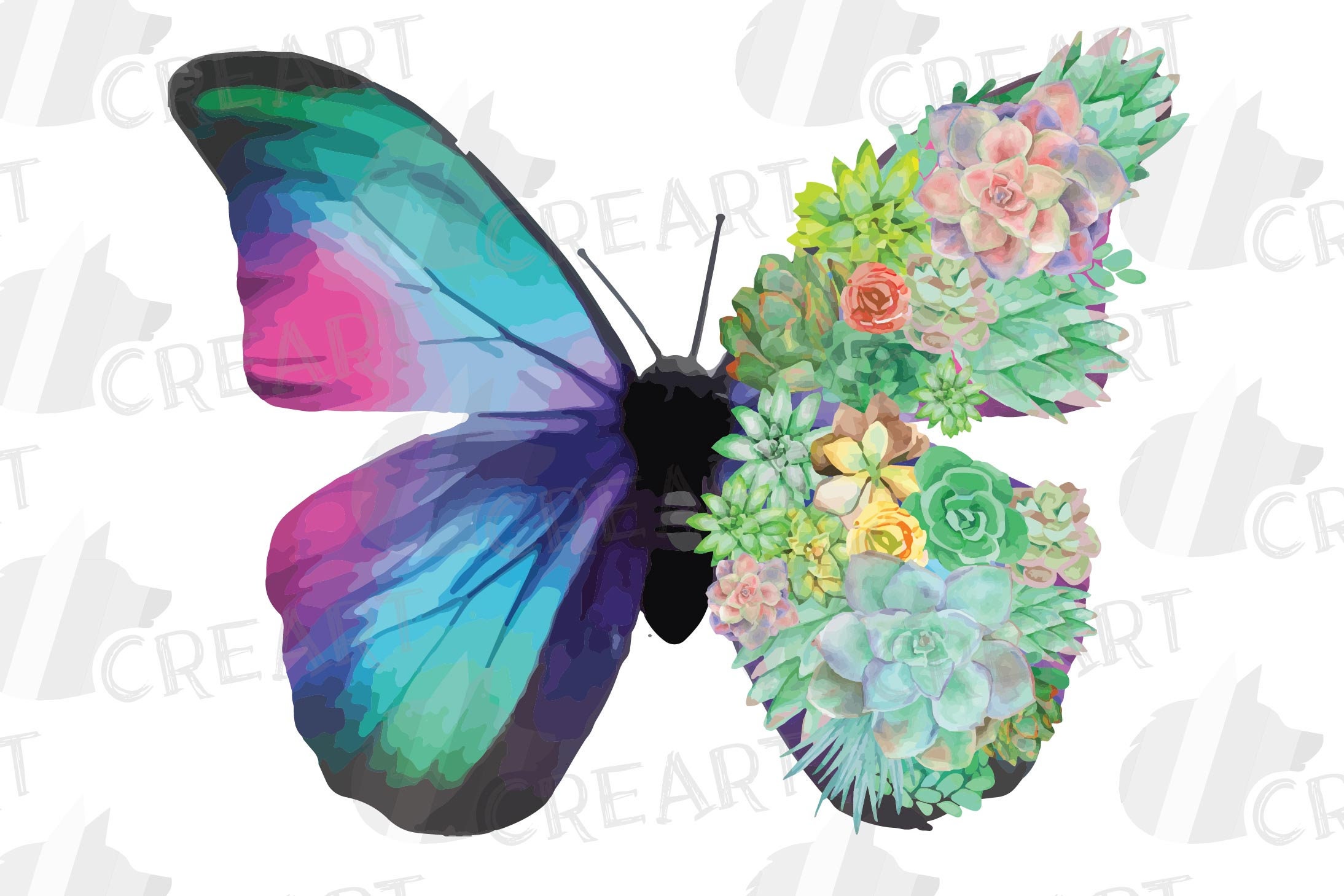 Succulent Garden Butterfly Decor Clip Art. Watercolor | Etsy