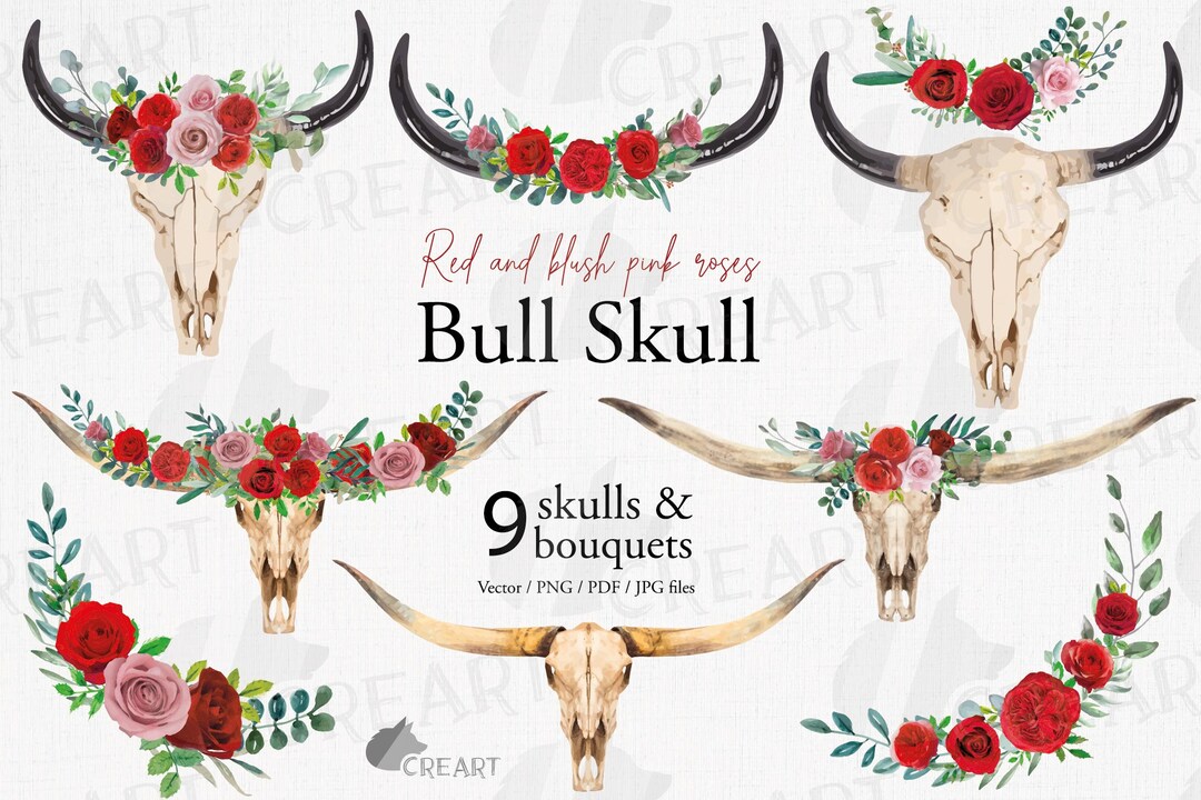 Blush Pink and Red Roses Floral Bull Skull, Watercolor Bouquets Design ...