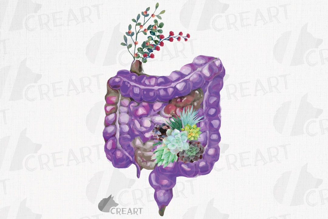 Floral Anatomical Intestines Decor. Watercolor Blooming Human Intestine ...