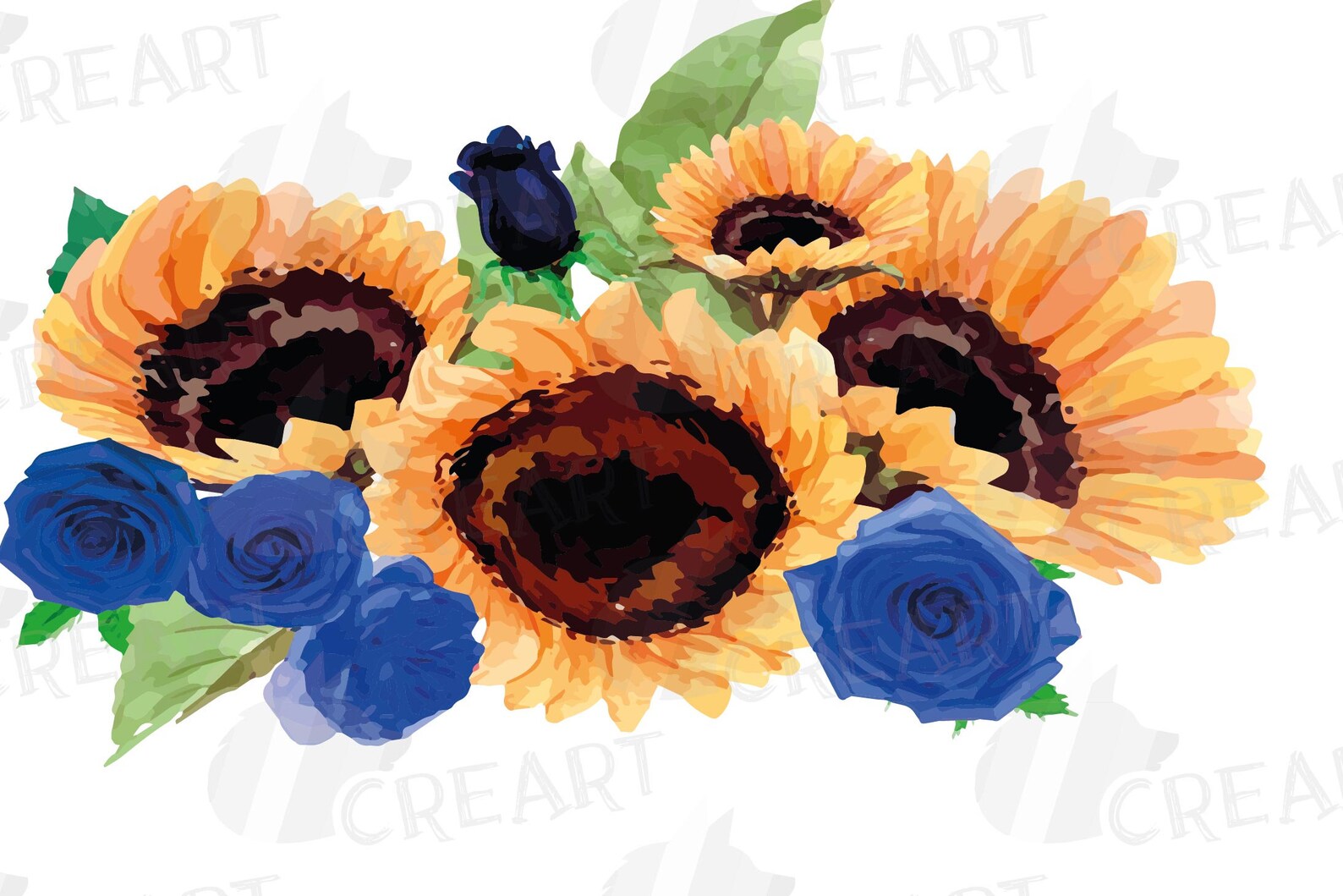 Watercolor Elegant Sunflower and Blue Roses Floral Bouquet - Etsy