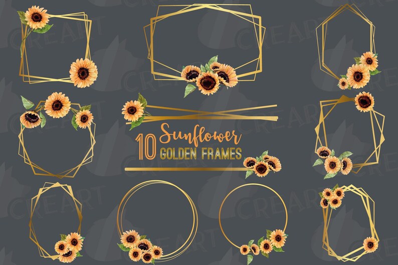 Watercolor Sunflower Golden Frame Templates: Floral Wedding Borders ...