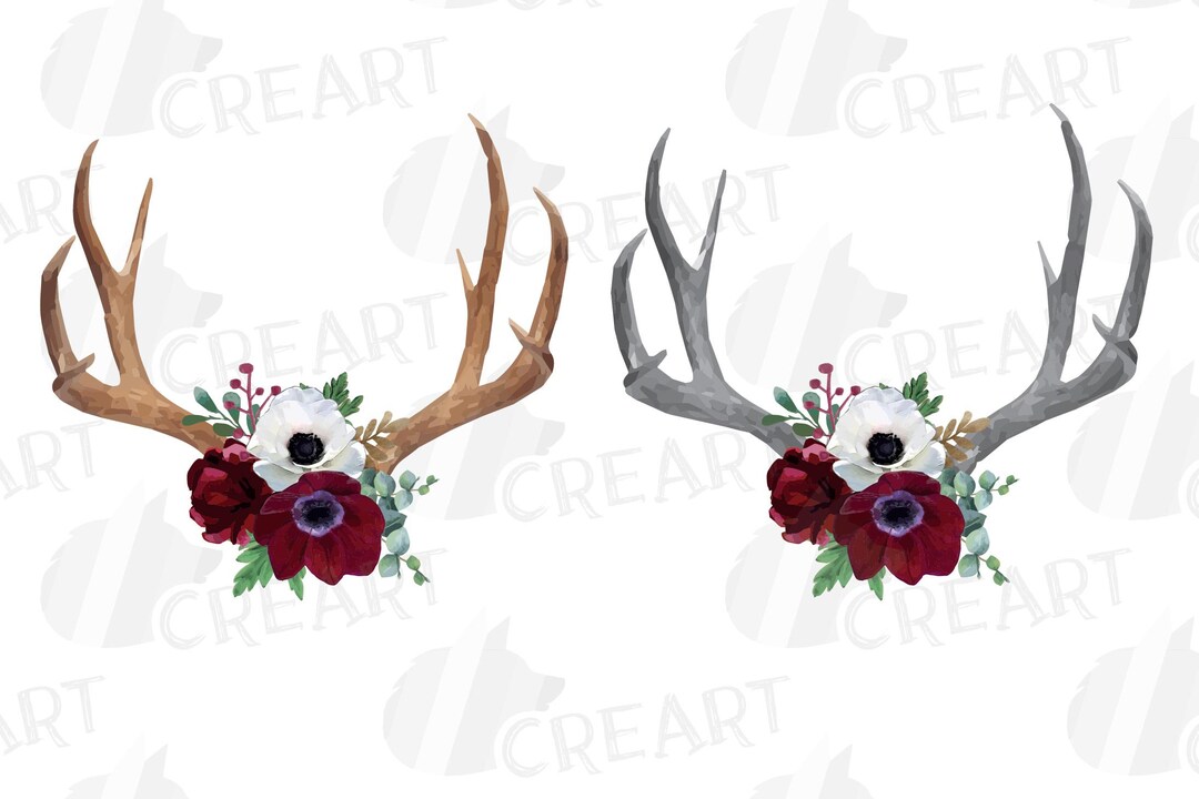 Watercolor Floral Deer Antler Clip Art: Boho Tribal Illustration ...